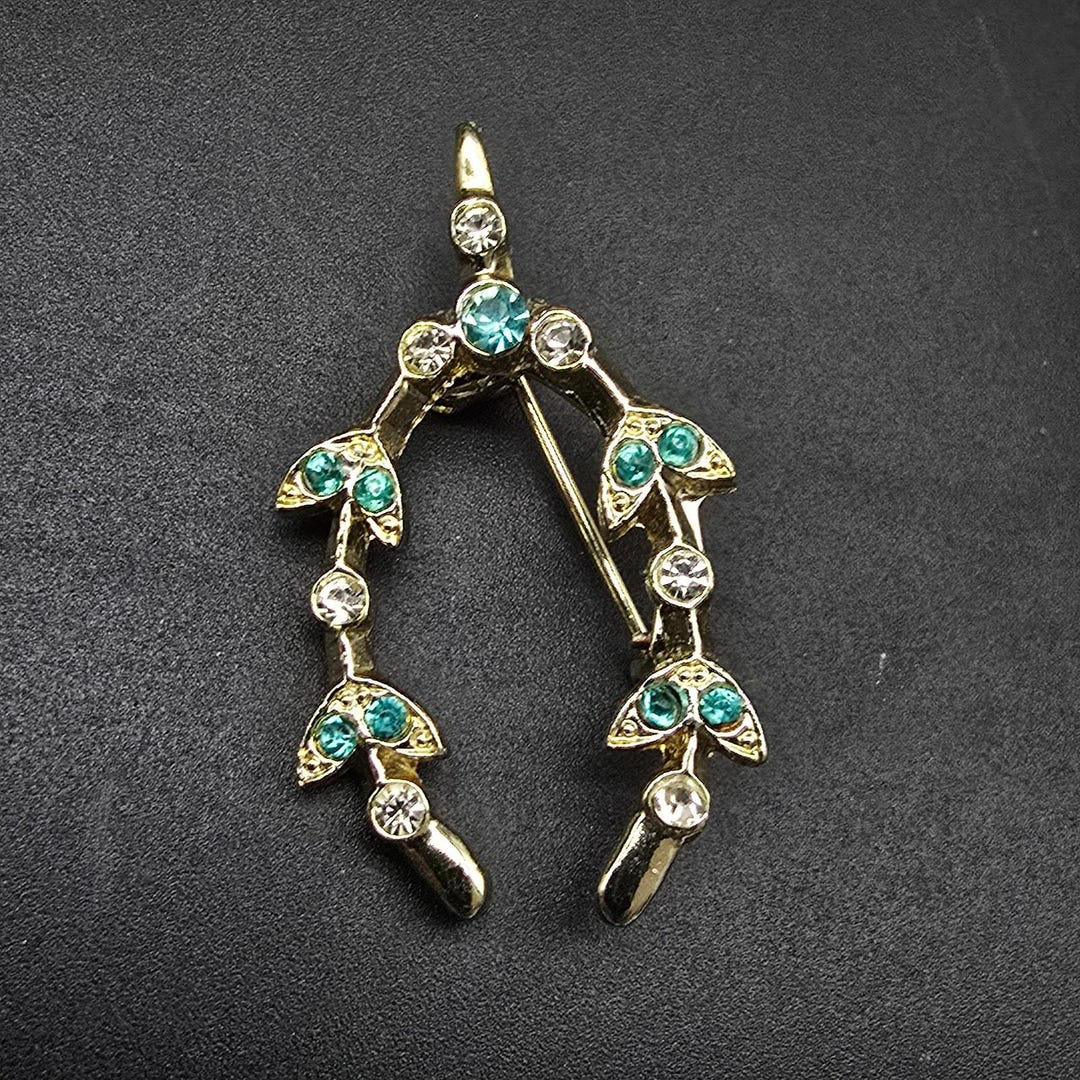 Petite Wishbone Brooch Gold Tone Blue Rhinestones Vintage Costume ...