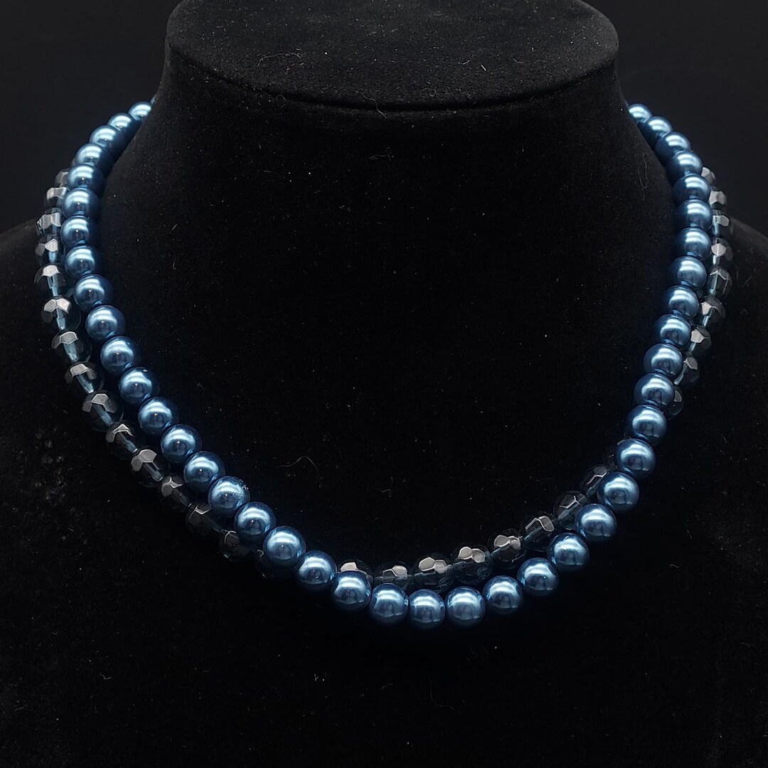 Premier Designs Navy Blue Faux Pearl Double Strand Necklace Vintage ...