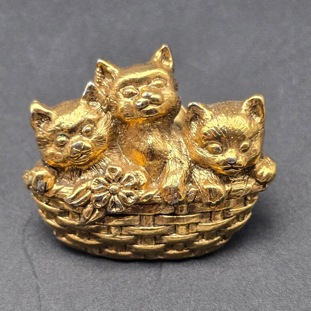 Avon Cat Pin Gold Tone Kittens in Basket Vintage Animal Costume Jewelry ...