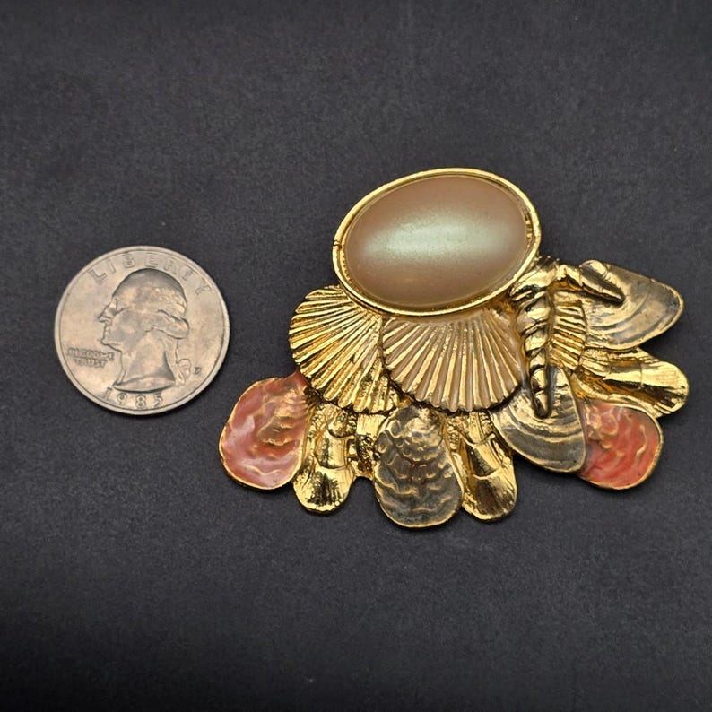 Faux Pearl Enamel Sea Shell Brooch Sea Shell Nautical Peach Enamel ...
