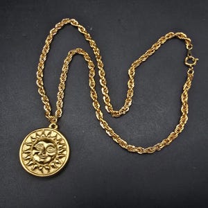Celestial Sun Face Pendant Necklace Twisted Gold Tone Chain Vintage ...