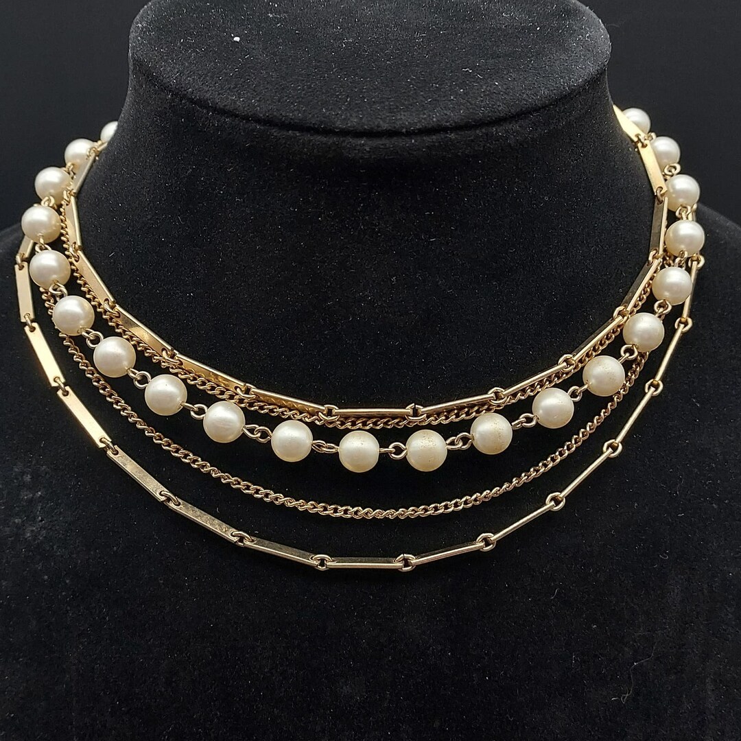 Coro Faux Pearl Gold Tone Chain Layered Necklace Vintage Costume ...