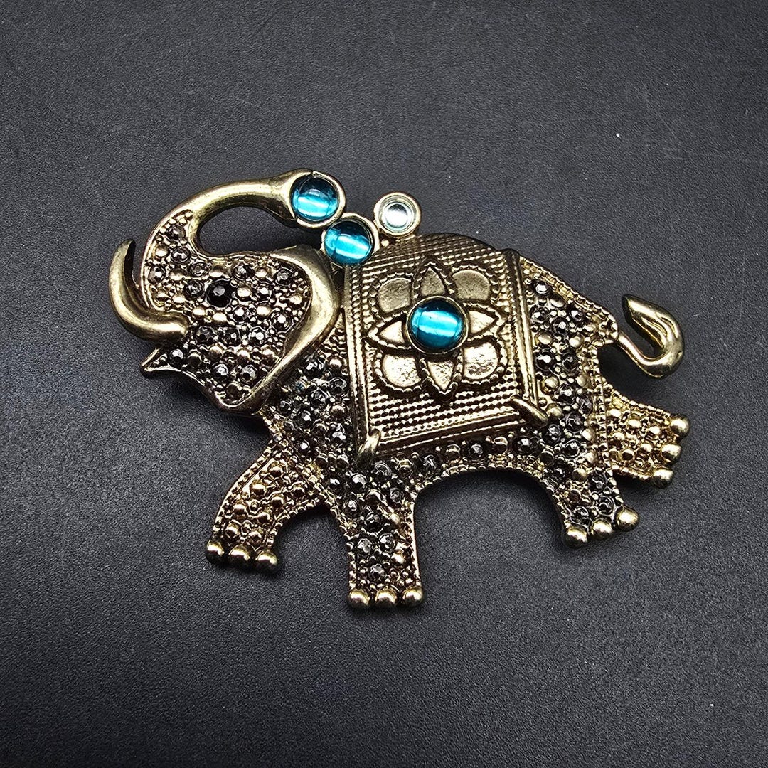 FAF Signed Elephant Brooch Blue Rhinestone Details Costume Jewelry ...