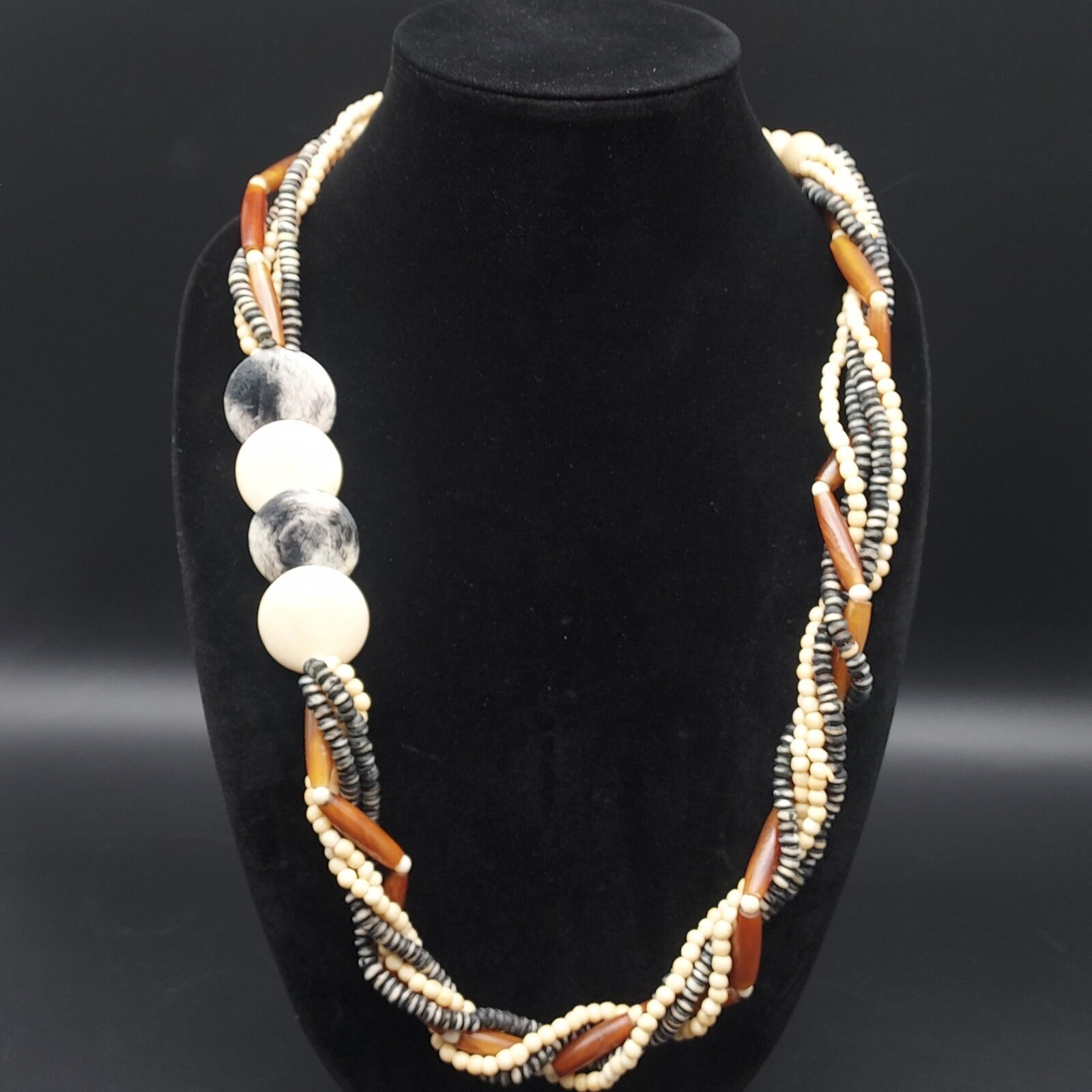 Vintage Artisan Necklace Carved Shell Wood Beads Natural Style Costume ...