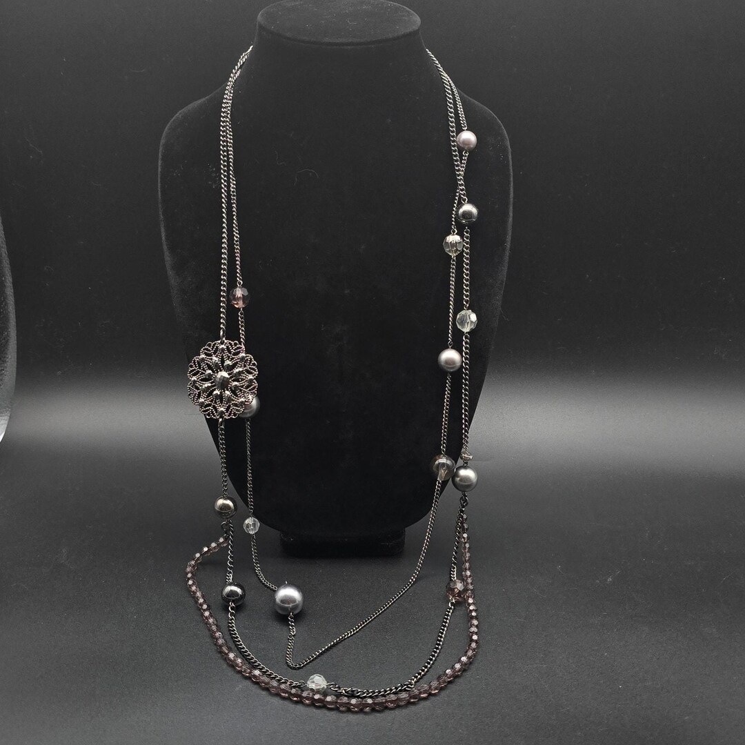 Express Purple Silver Tone Layered Chain Necklace Two Strands Beaded - Etsy