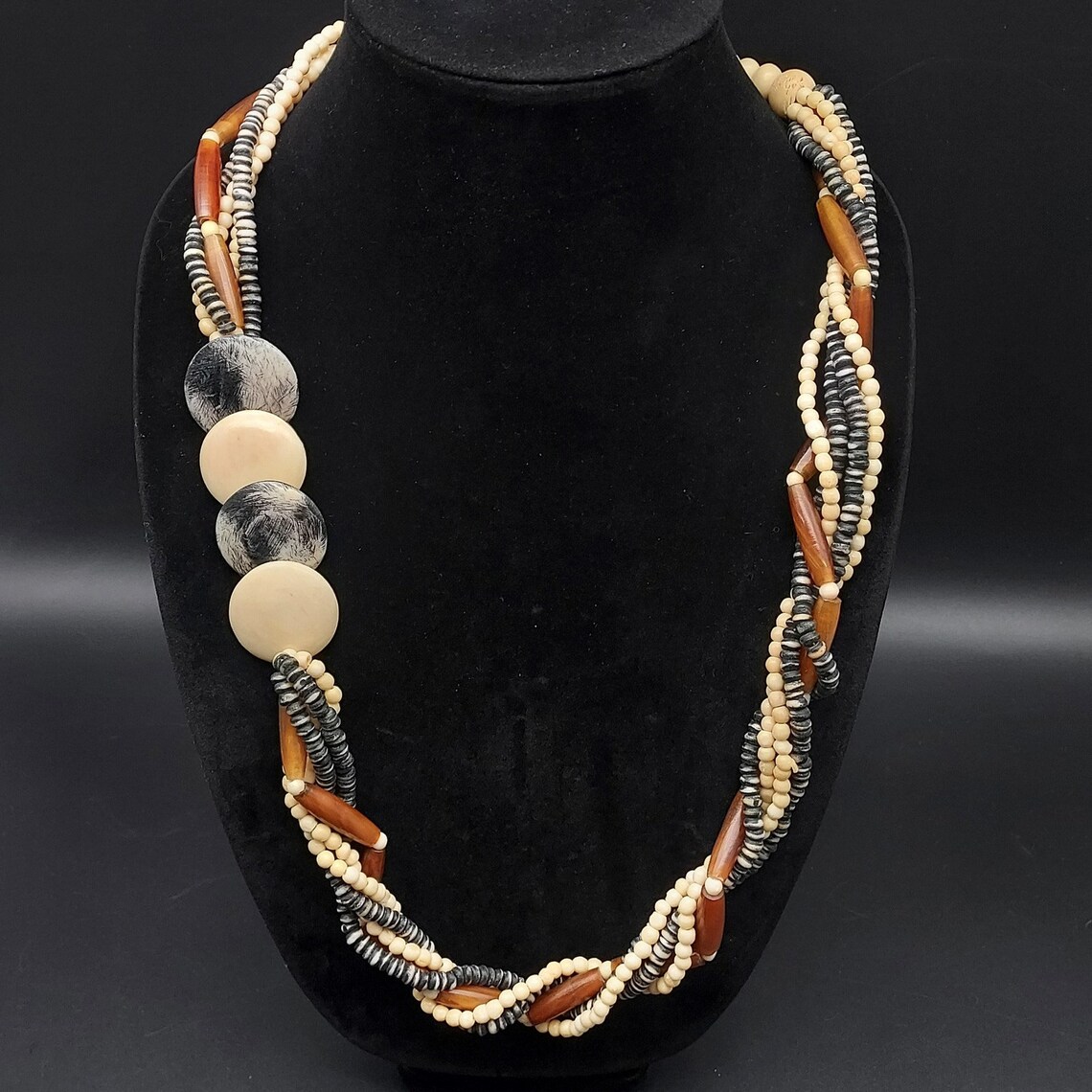 Vintage Artisan Necklace Carved Shell Wood Beads Natural Style Costume ...