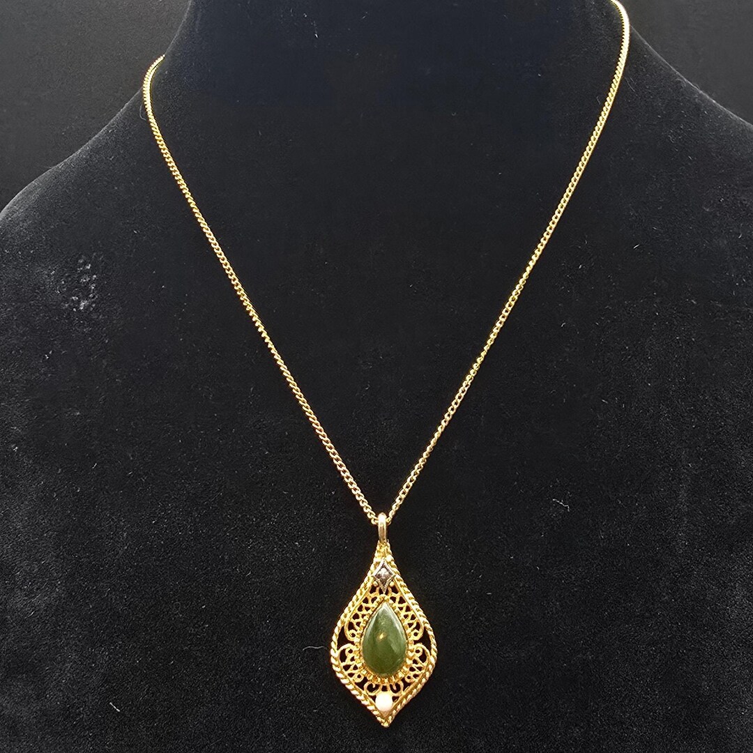 Vintage Jade Diamond Chip Pendant Necklace Gold Tone Filigree - Etsy