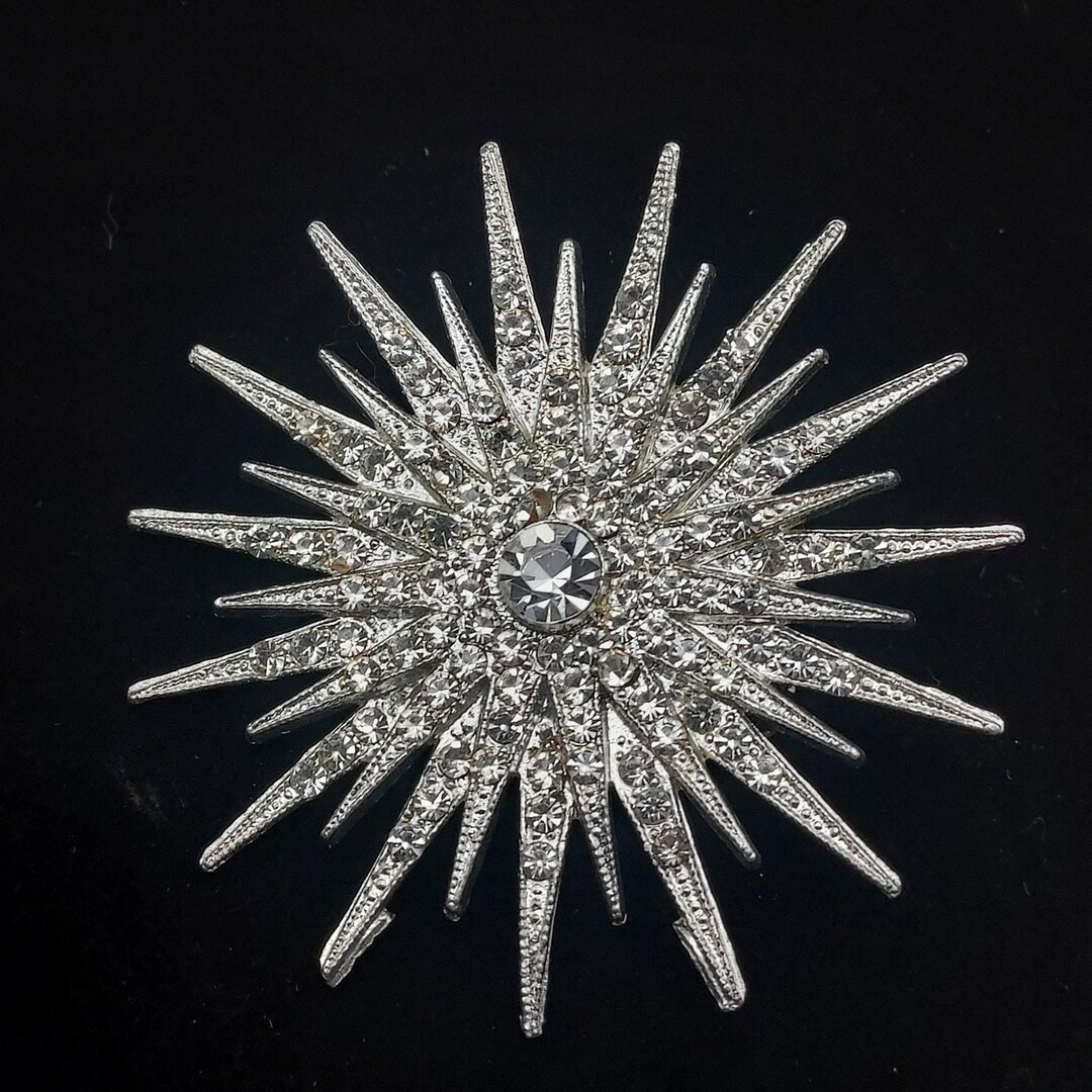 Atomic Starburst Brooch Silver Tone Rhinestones Signed BB Vintage ...