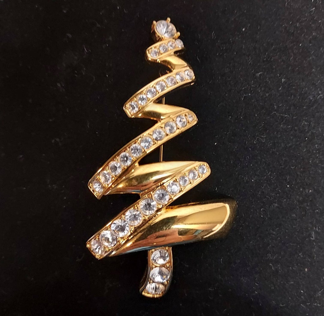 Monet Gold Tone Rhinestone Christmas Tree Brooch Vintage Signed Costume ...