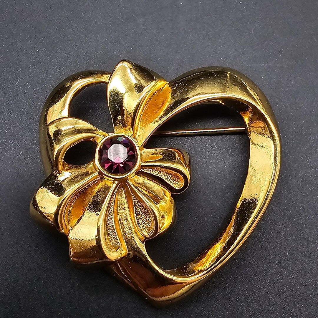 Avon 1992 Birthstone Heart Brooch February Purple Gold Tone Vintage ...
