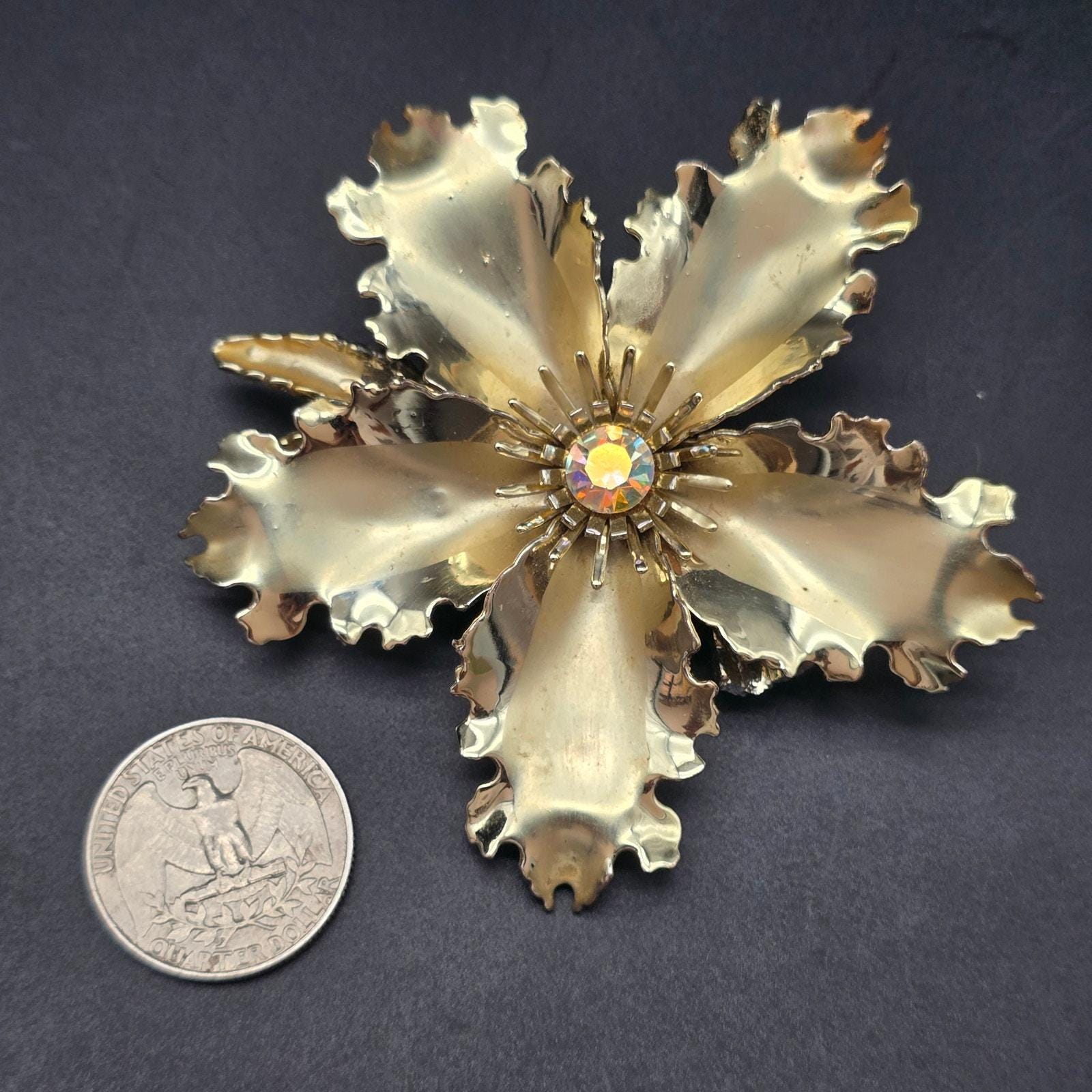Gold Tone Rhinestone Flower Brooch Brushed Petals Aurora Borealis ...