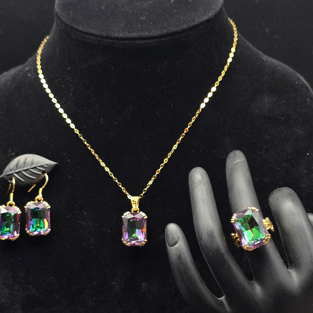Kaylee Jackson Faux Mystic Topaz Jewelry Set 925 Gold Tone Ring Size 6 ...
