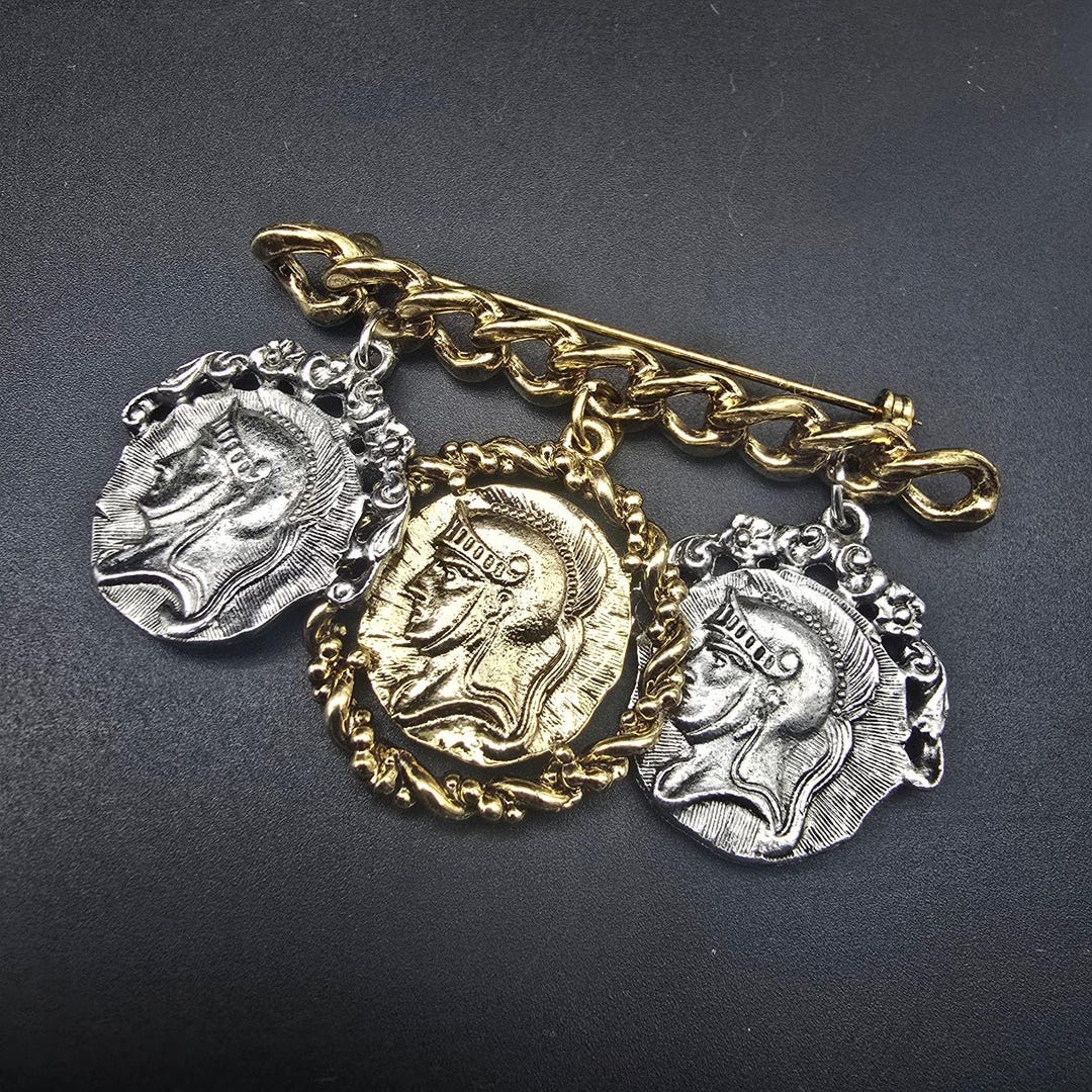 Greek Roman Faux Coin Brooch Charms Two Tone Vintage Currency Jewelry ...