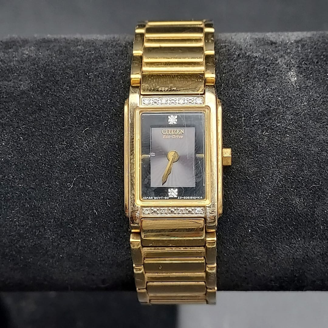 Citizen Eco Drive Womens Watch With Diamonds Black Dial Gold Tone Band ...