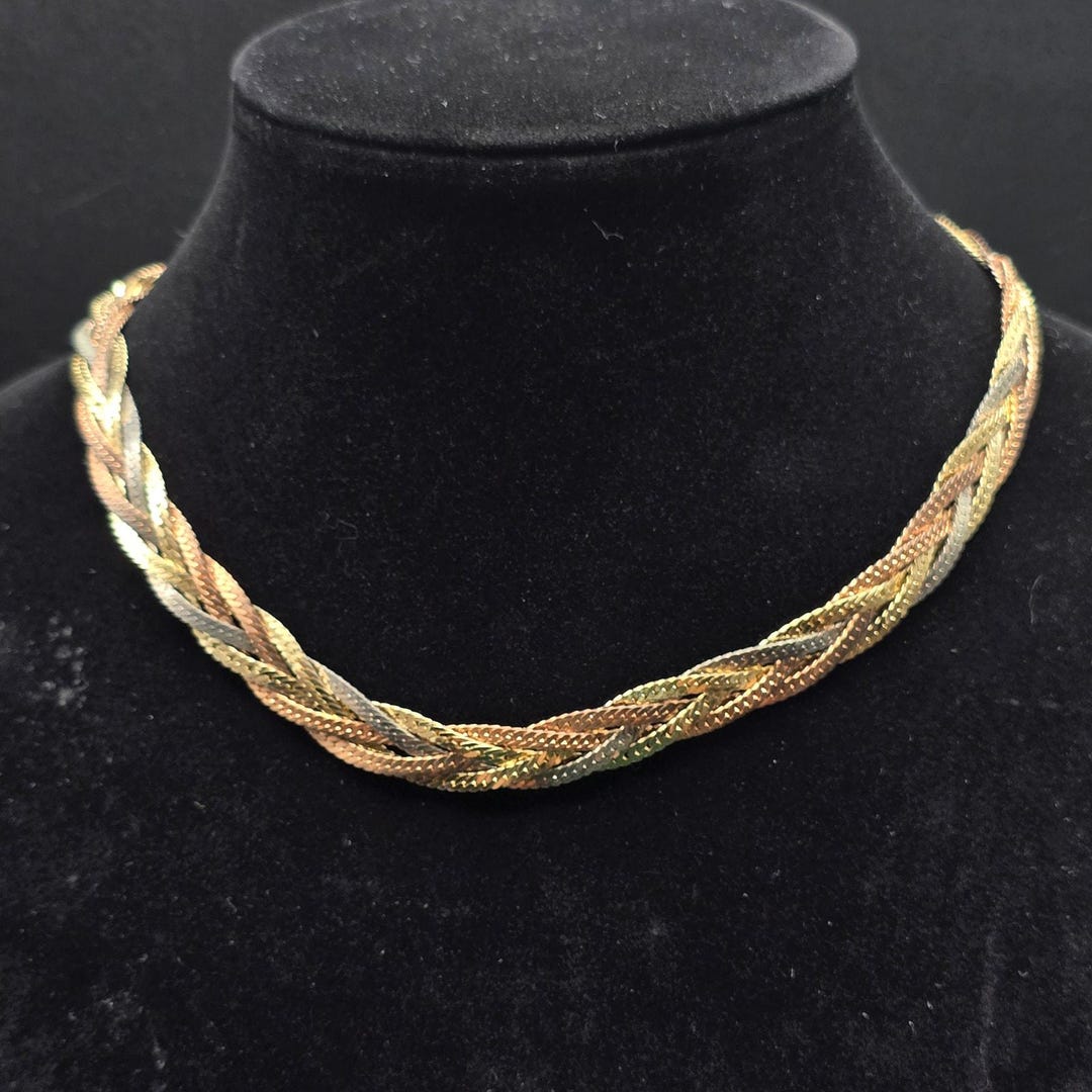 Vintage Tricolor Braided Necklace Made in Korea Silver Tone Gold Tone ...