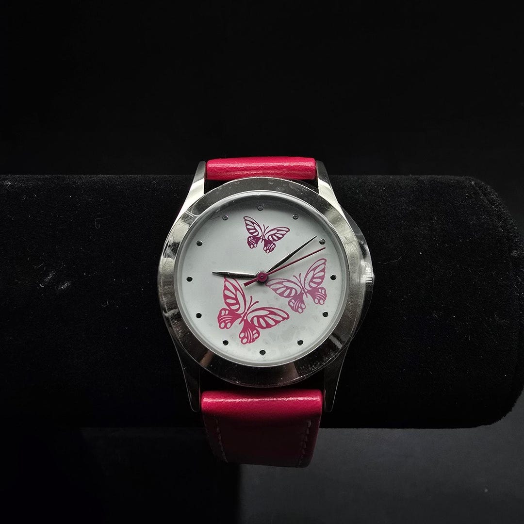 Women's Pink Butterfly Watch Pink Band Silver Tone Quartz WORKS - Etsy
