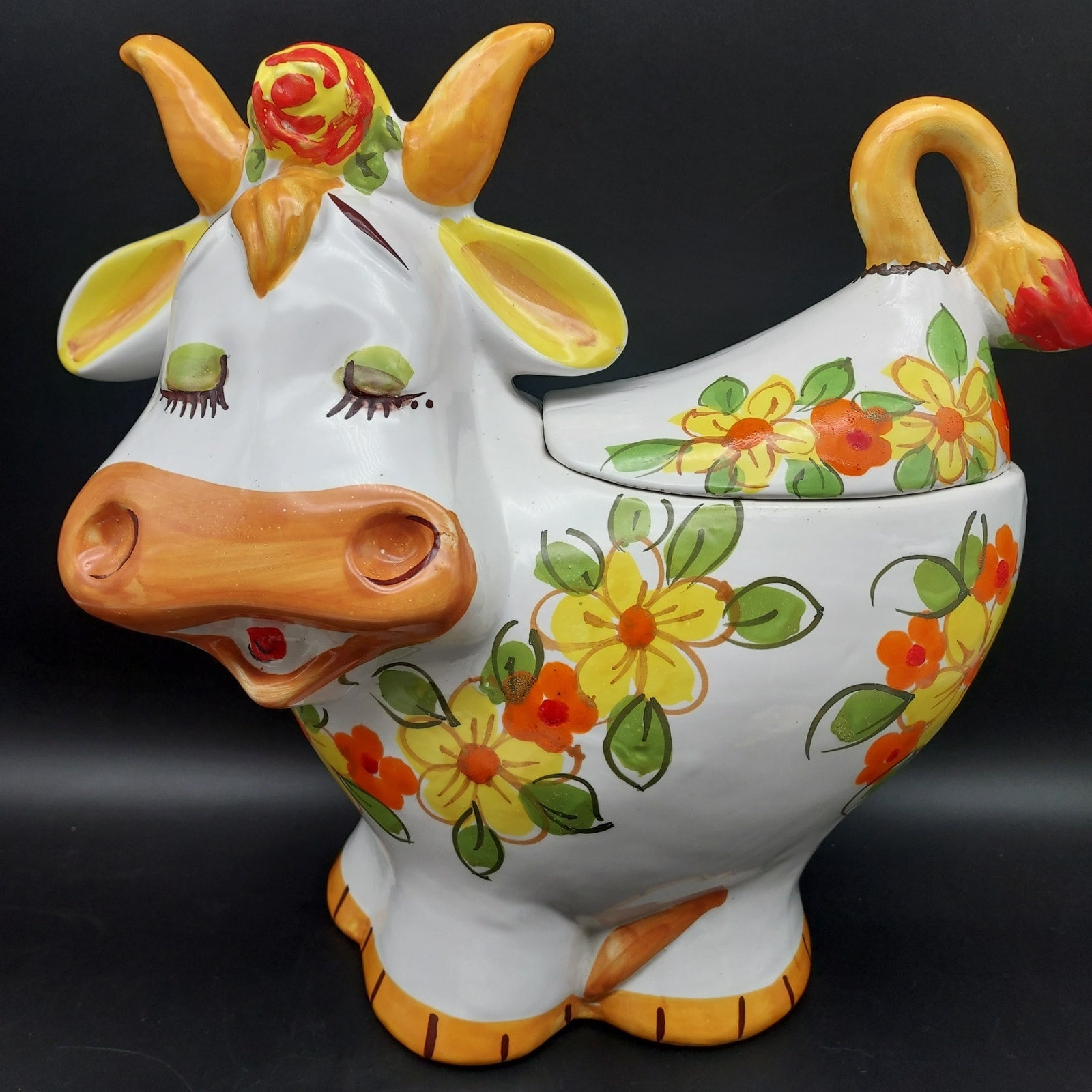 Rare Lefton Bossy Bessy Cow Cookie Jar Set Vintage Orange Yellow ...