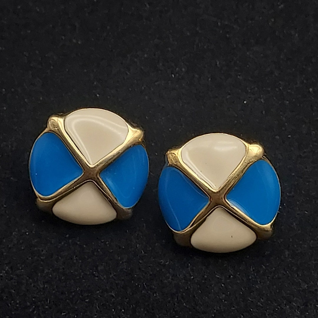 Monet Enamel Earrings Blue White Pin Wheel Gold Tone Pierced Vintage ...