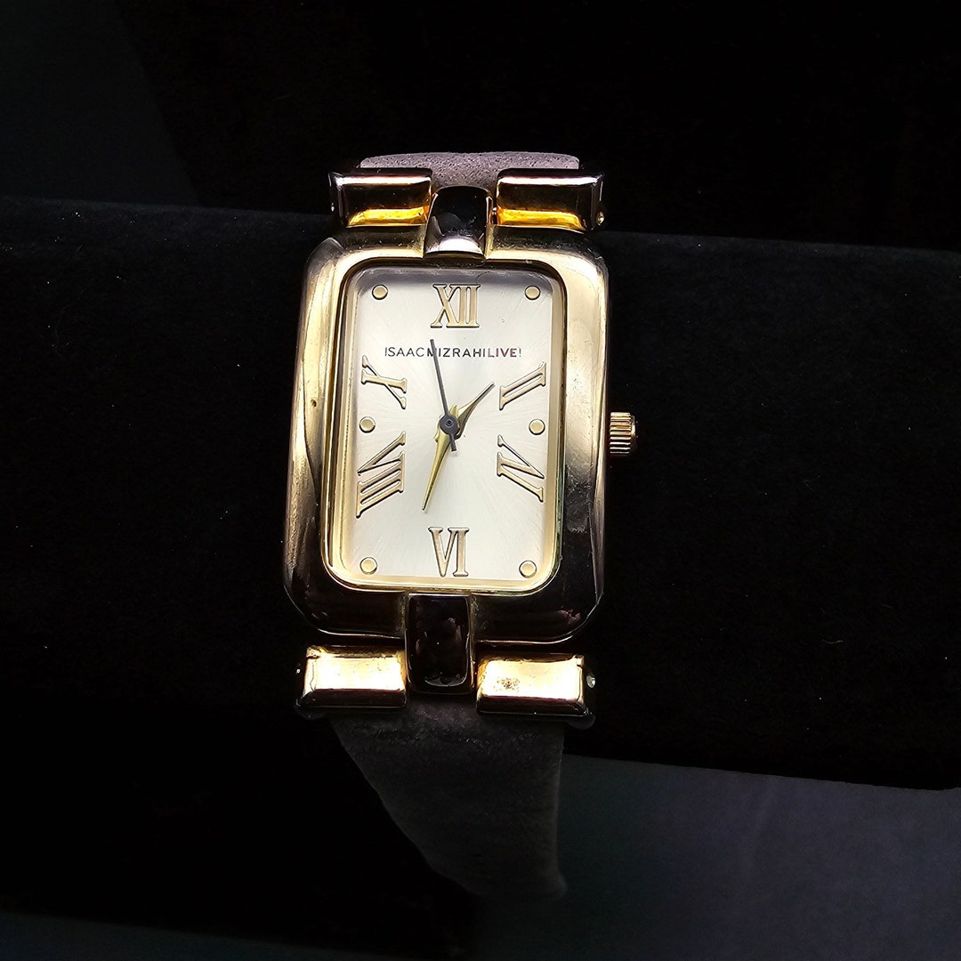 Isaac Mizrahi Live Wrist Watch Black Band Gold Tone Rectangle Unisex ...