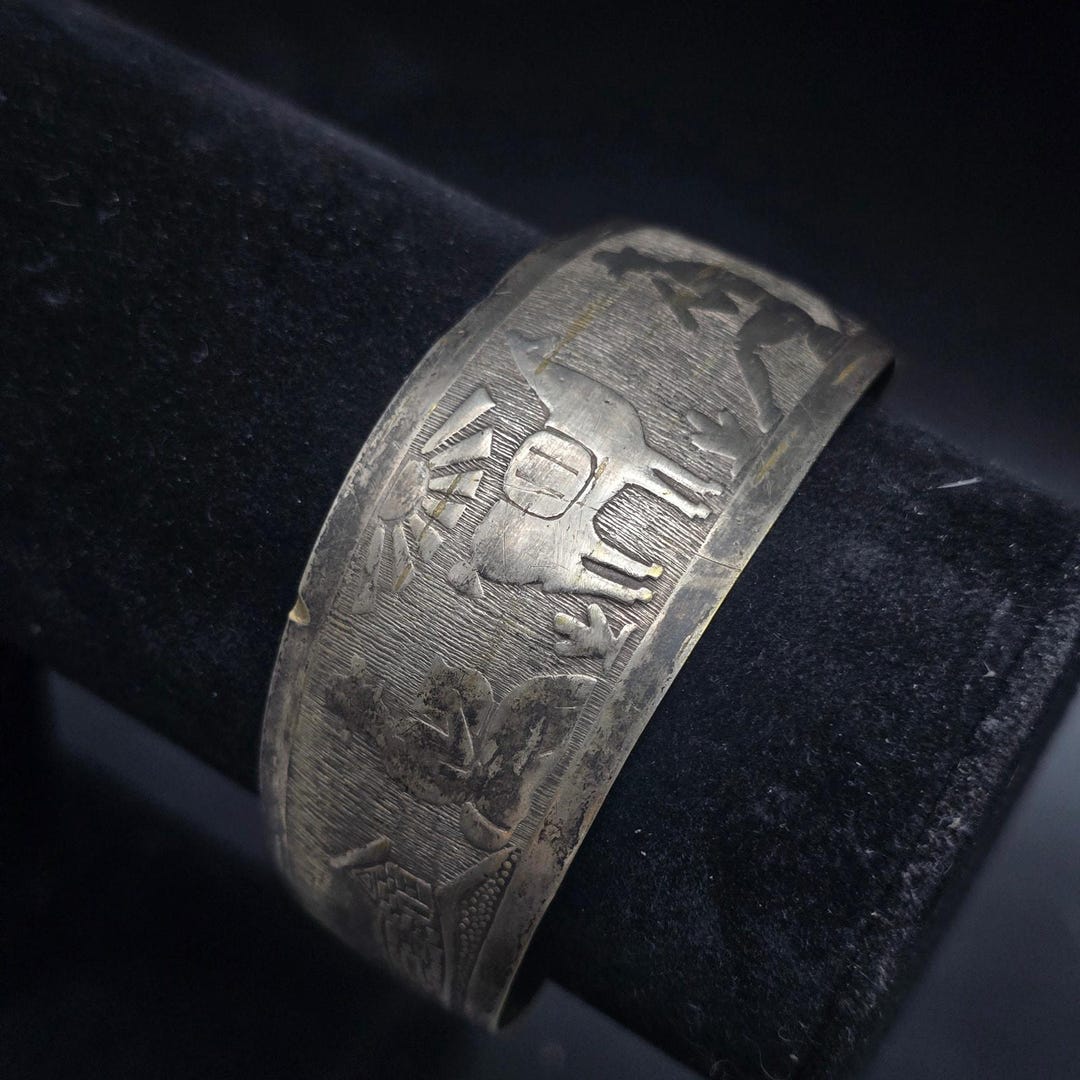 Vintage Inca Aztec Cuff Bracelet Sterling Silver on Brass Story Telling ...