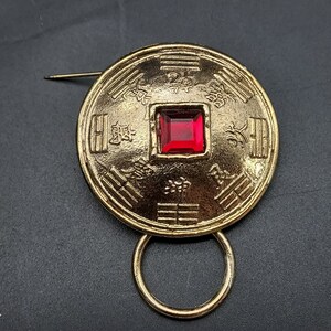 Chinese Gold Tone Red Gold Luck Coin Brooch Medallion Vintage Esther ...