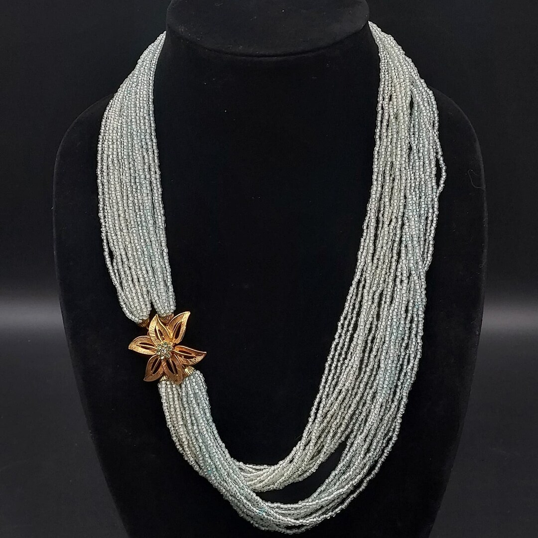 Vintage Seed Bead Venetian Spun Sugar Necklace Sea Foam Green Decorated ...