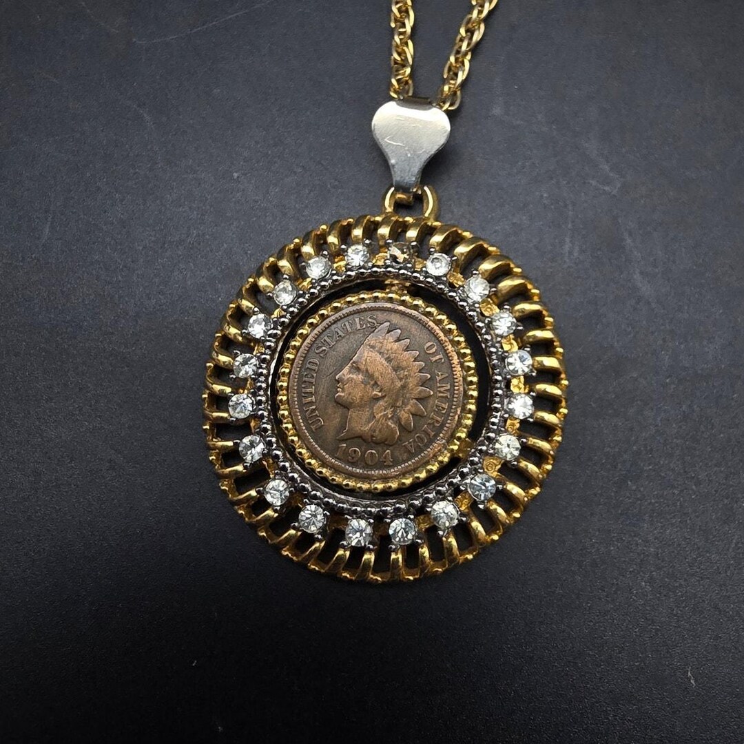 Vintage Indian Head Wheat Penny Necklace Gold Tone Rhinestone Coin ...