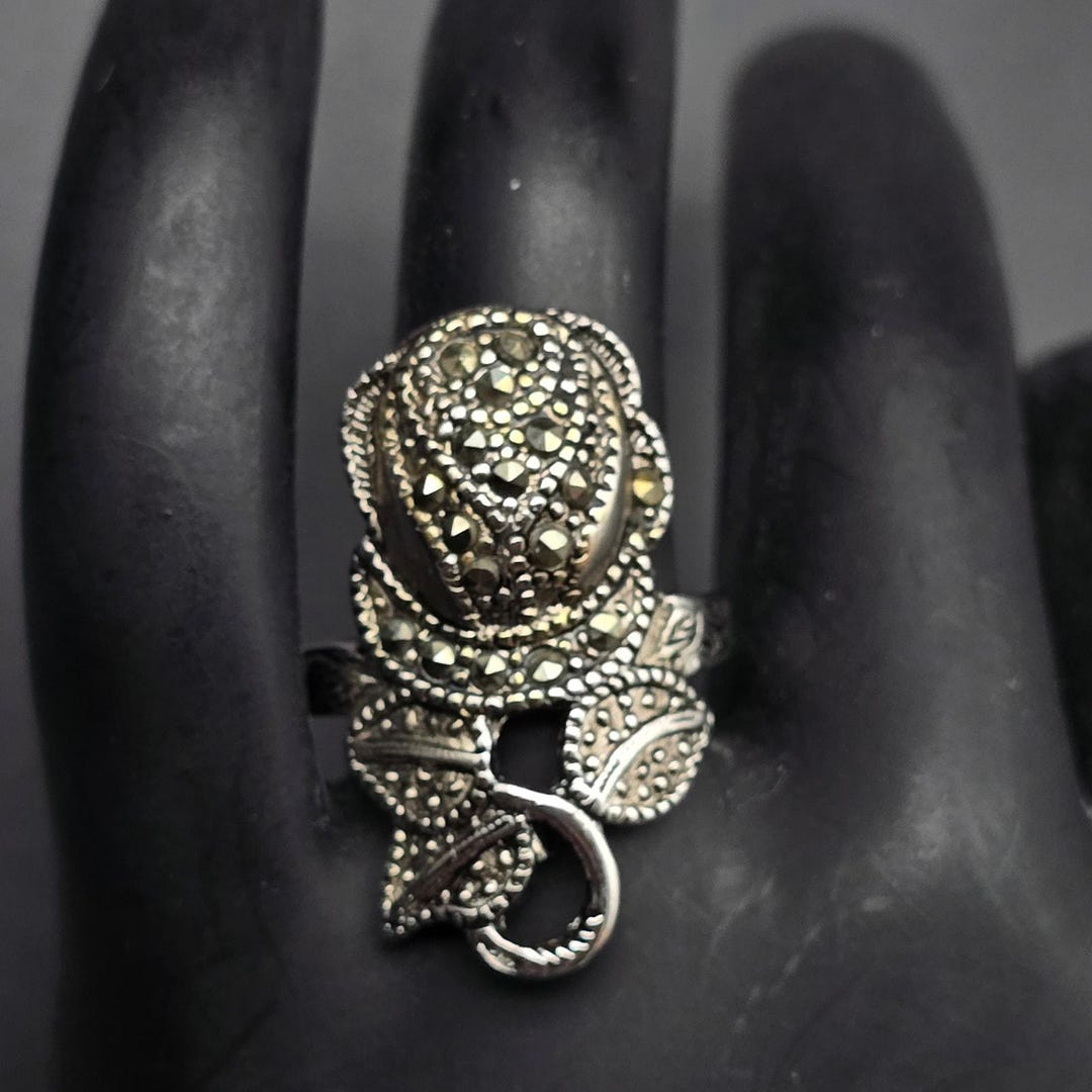 Vintage 18K Gold Plated Marcasite Rose Flower Ring Size 6.5 - Etsy