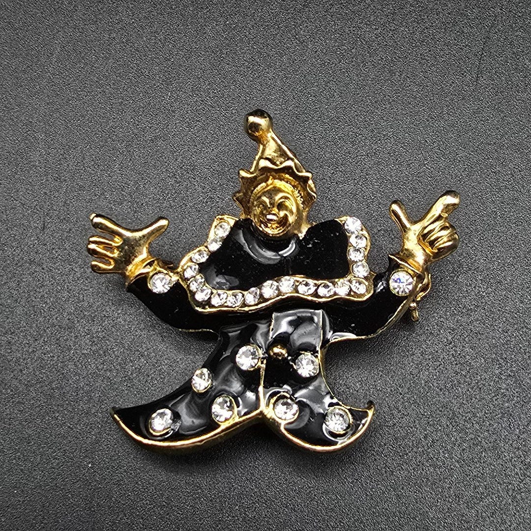 Black Enamel Circus Clown Brooch Rhinestones Gold Tone Vintage Costume ...