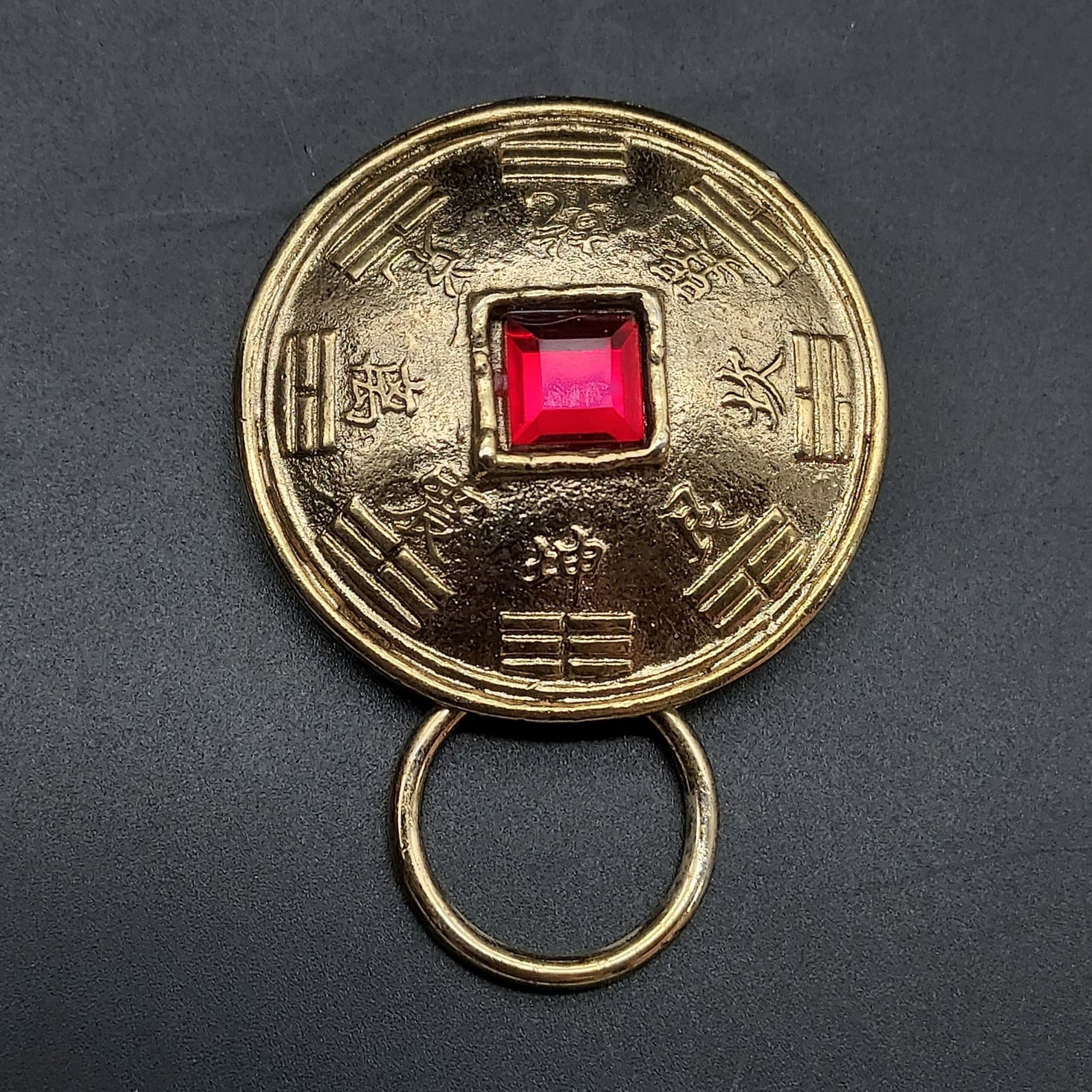 Chinese Gold Tone Red Gold Luck Coin Brooch Medallion Vintage Esther ...