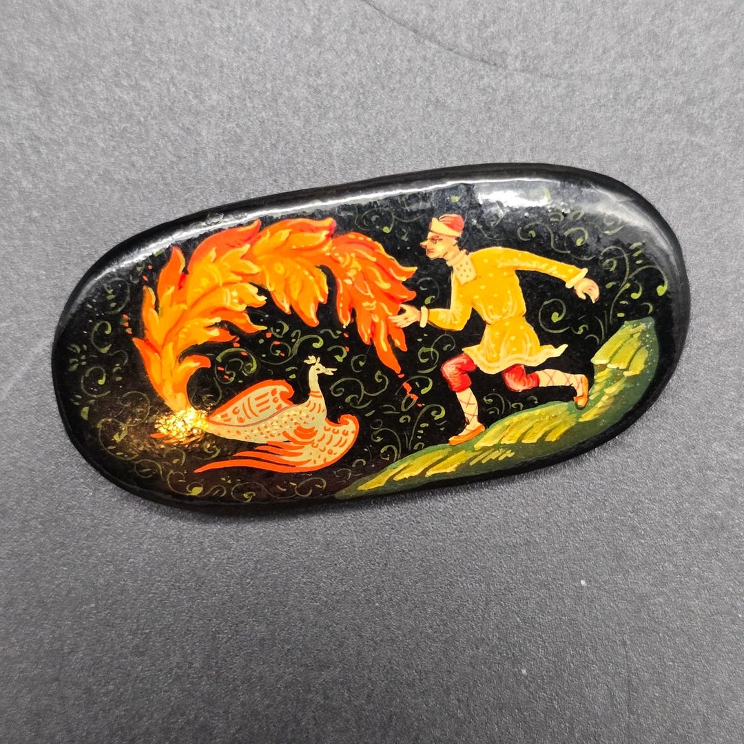 Russian Folk Art Laquer Brooch Black Oval Phoenix Bird Scene Vintage ...
