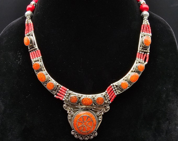 Artisan Tibetan Tribal Native Necklace Crush Red Coral Inlay Silver ...