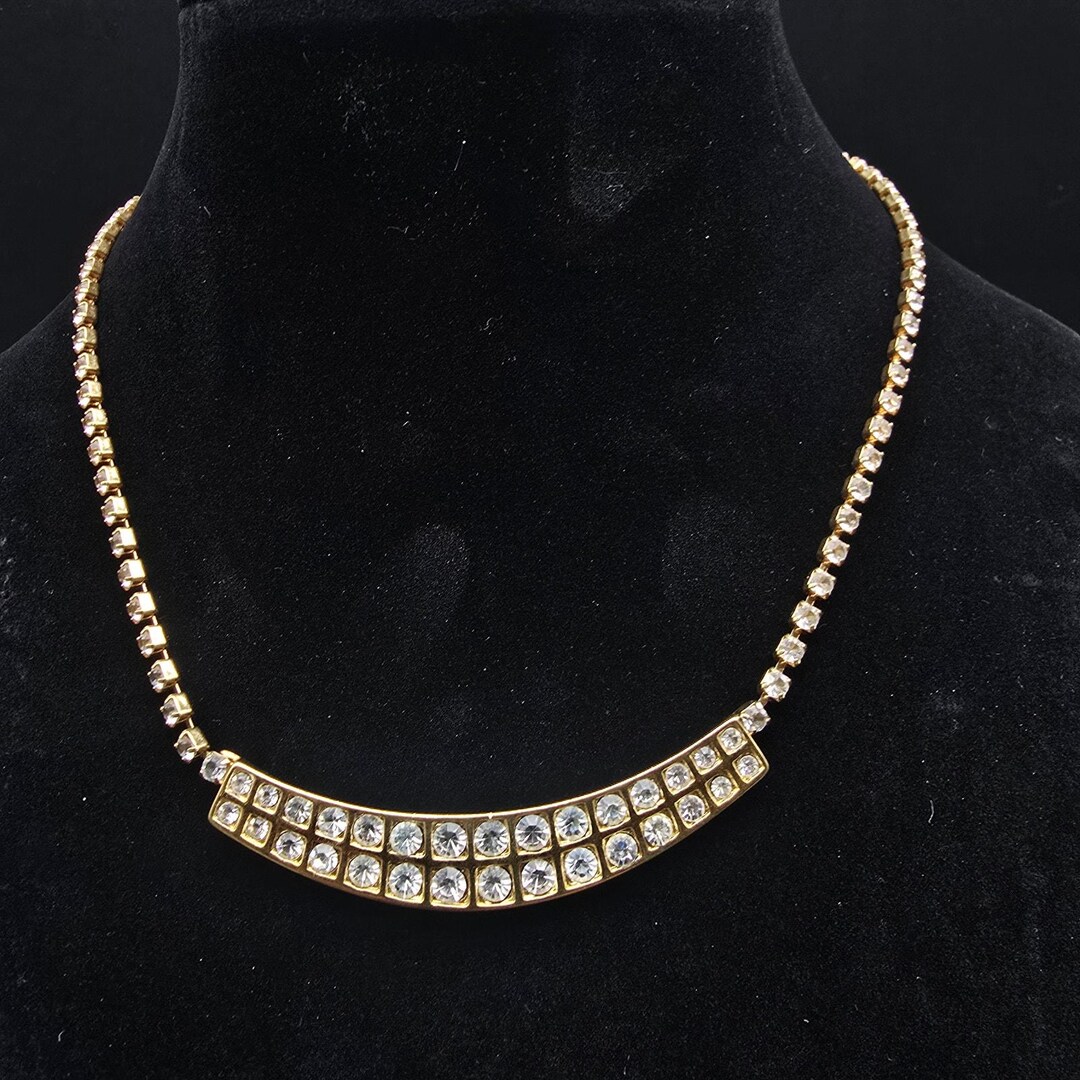 Monet Rhinestone Curved Bar Pendant Necklace Gold Tone Vintage - Etsy