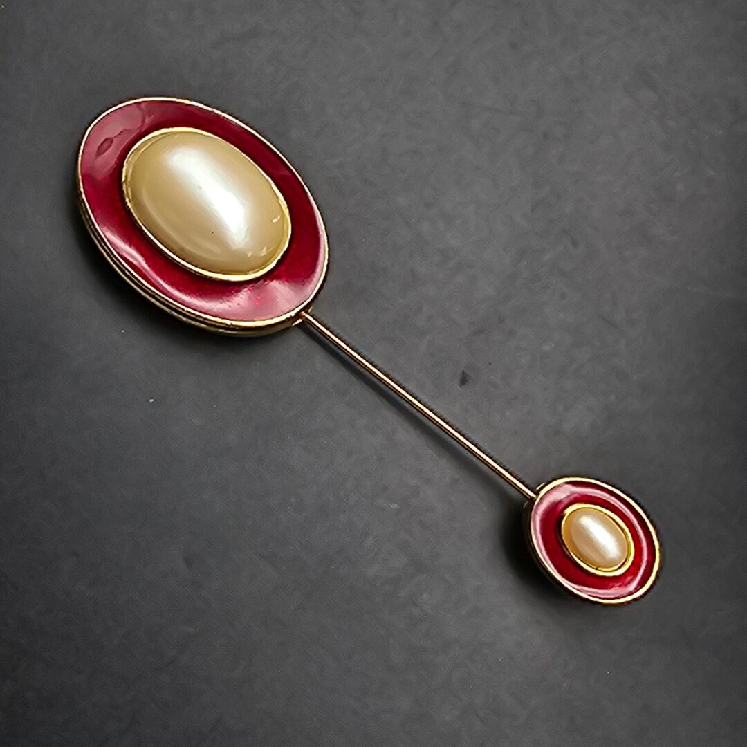Monet Red Enamel Stick Pin Faux Pearl Vintage Costume Jewelry Bar Pin ...