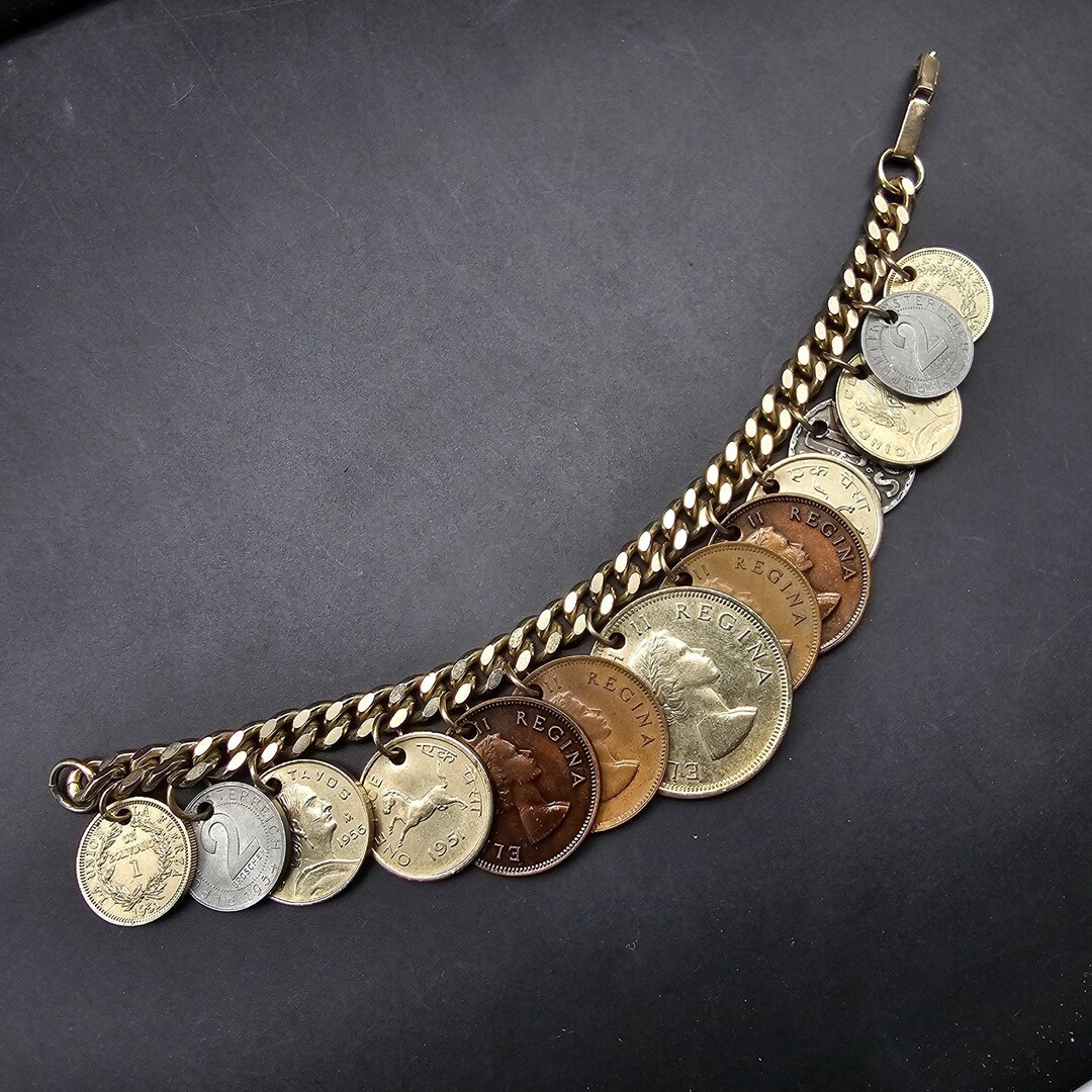 Vintage Foreign Coin Charm Bracelet Mixed Metal Silver Tone Copper Tone ...