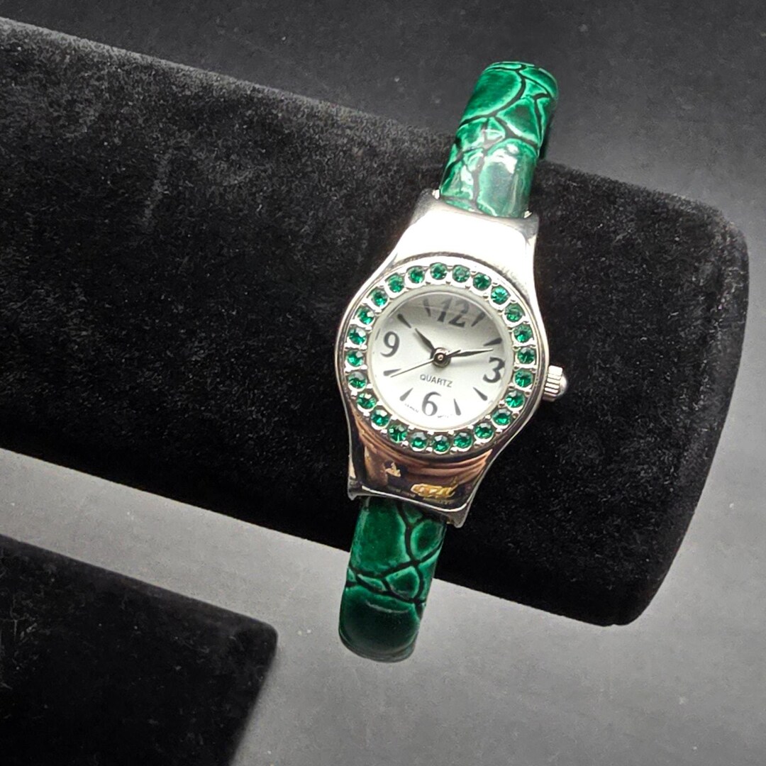 Green Rhinestone Cuff Watch Avon 2005 Quartz WORKS Working - Etsy
