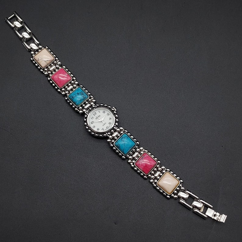 Native Style Womens Wrist Watch Quartz Movt Faux Turquoise Coral Silver ...