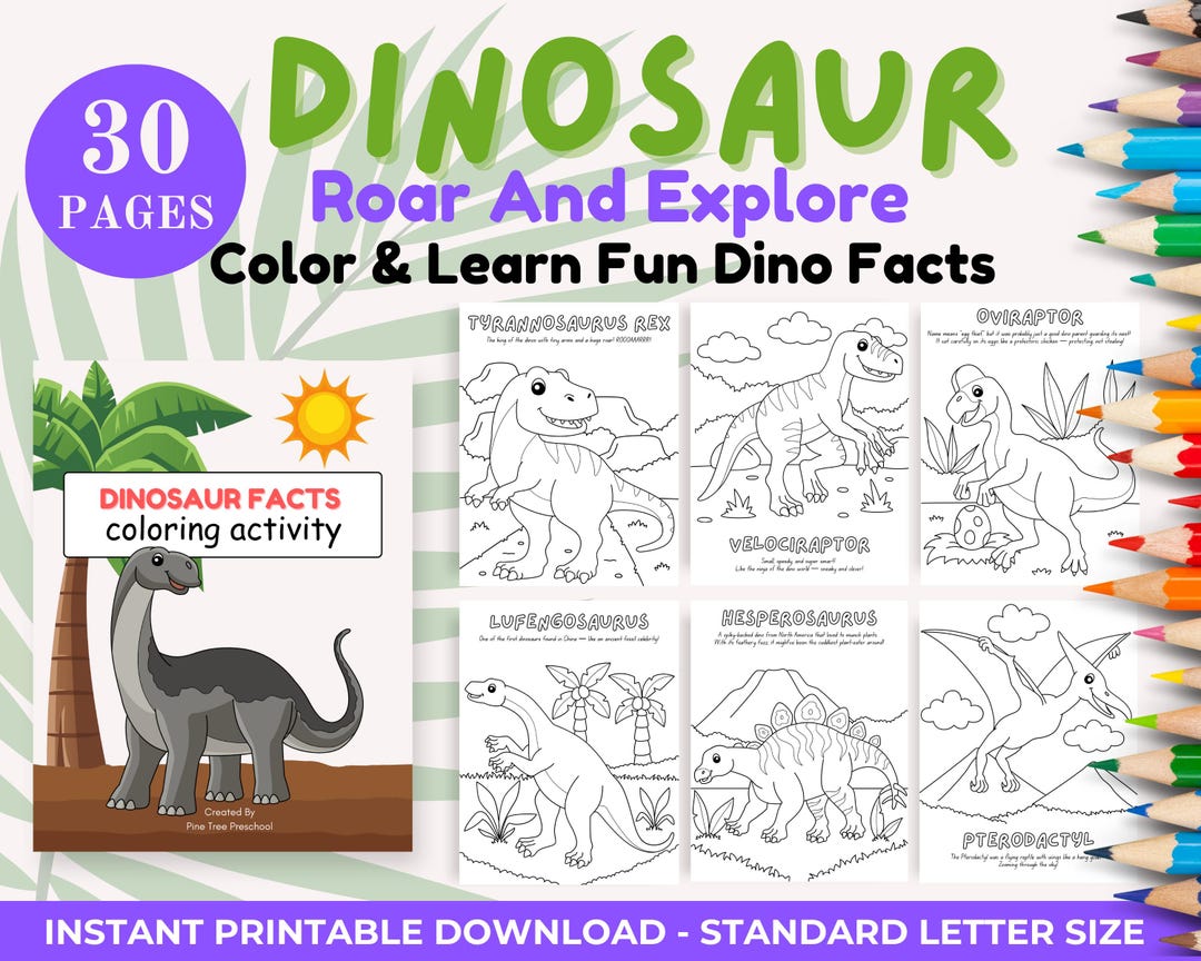 Dinosaur Coloring Pages: Fun Facts, Educational Kids Activity (PDF ...