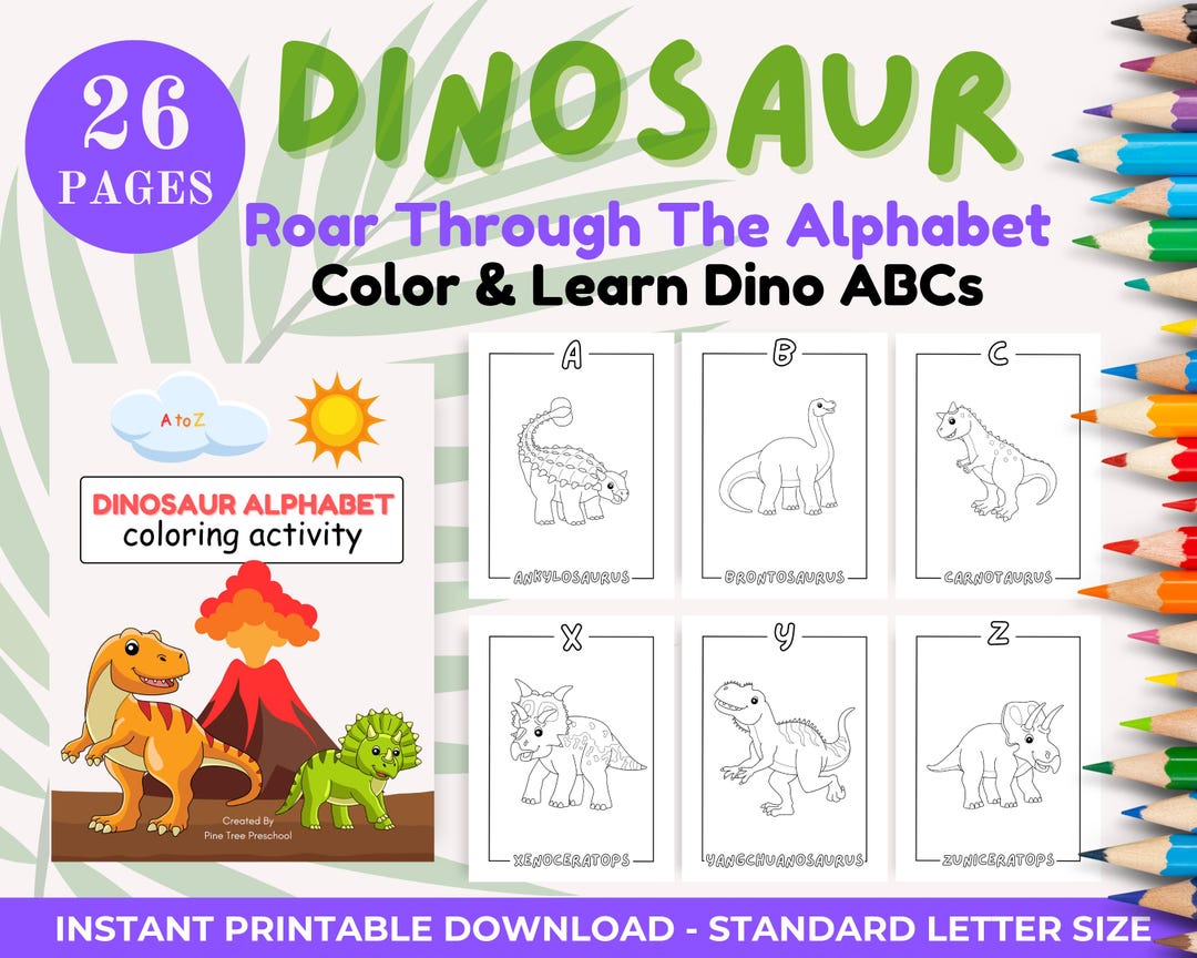 Dinosaur Alphabet Coloring Pages: A-Z Printable Learning Activity (PDF ...