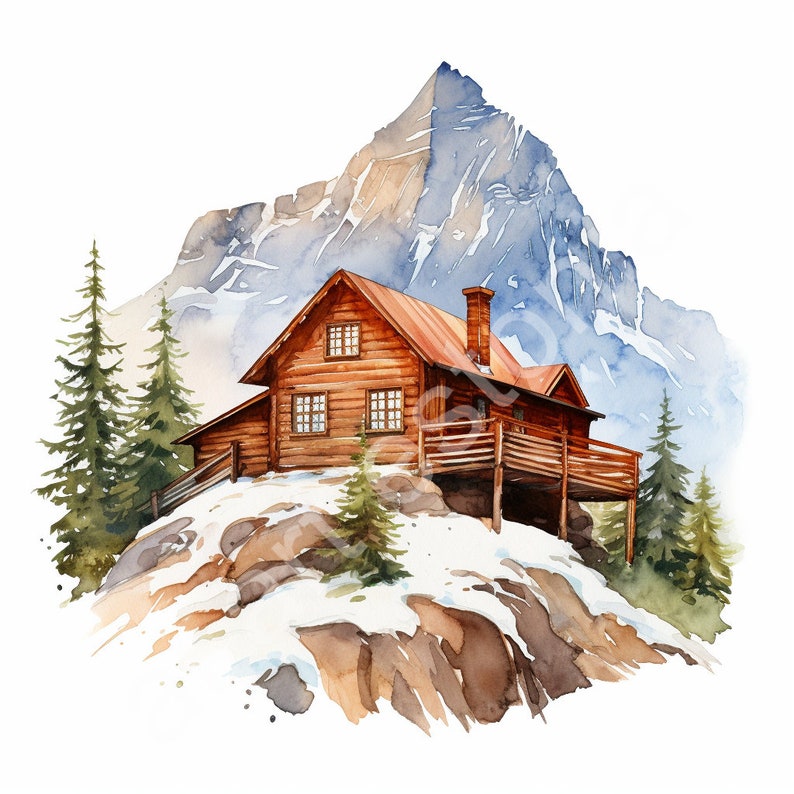 Watercolor Winter Mountain Cabin 10 High-quality Jpgs Clipart , Digital ...