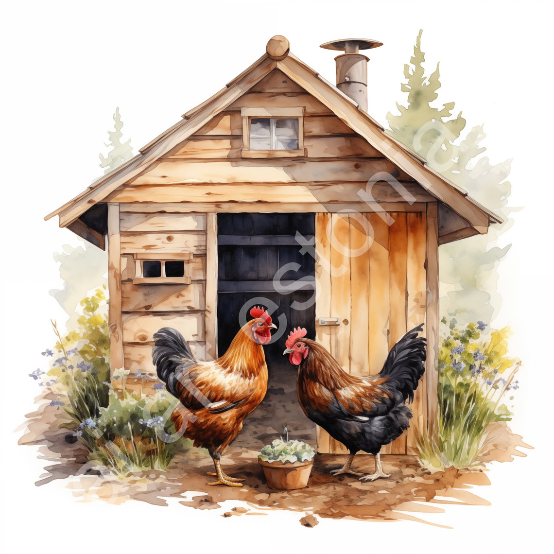 Watercolor Chicken Coop 10 High-quality Jpgs Clipart 300dpi , Digital ...