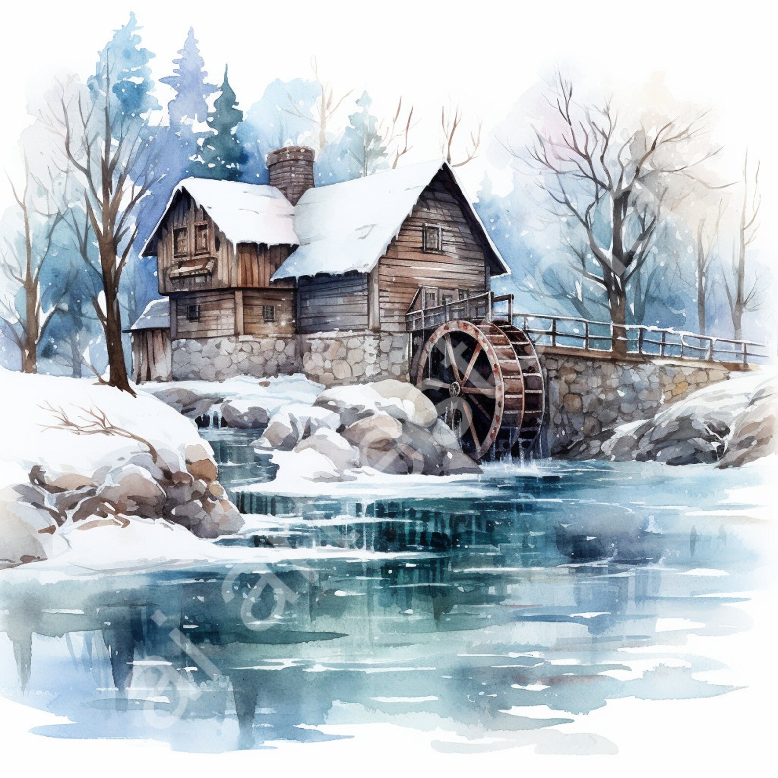 Watercolor Winter Mill River 10 High-quality Jpgs Clipart , Digital ...