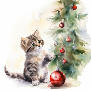Watercolor Cat Christmas Tree Ornament 12 High-quality Jpgs Clipart ...