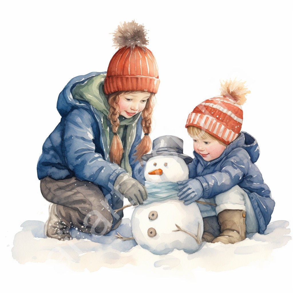 Watercolor Children Building a Snowman 10 High-quality Jpgs Clipart ...