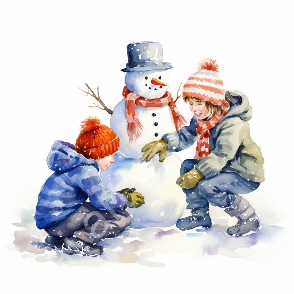 Watercolor Children Building a Snowman 10 High-quality Jpgs Clipart ...