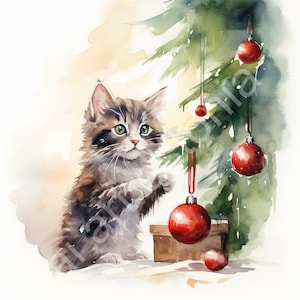 Watercolor Cat Christmas Tree Ornament 12 High-quality Jpgs Clipart ...