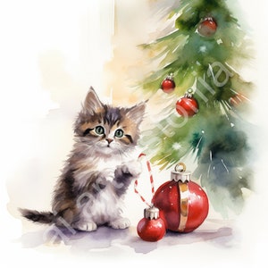 Watercolor Cat Christmas Tree Ornament 12 High-quality Jpgs Clipart ...