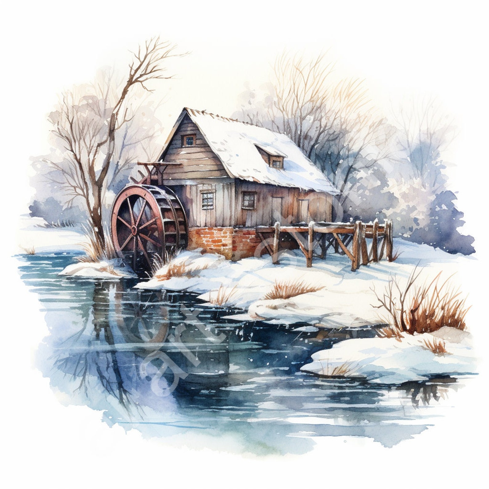 Watercolor Winter Mill River 10 High-quality Jpgs Clipart , Digital ...
