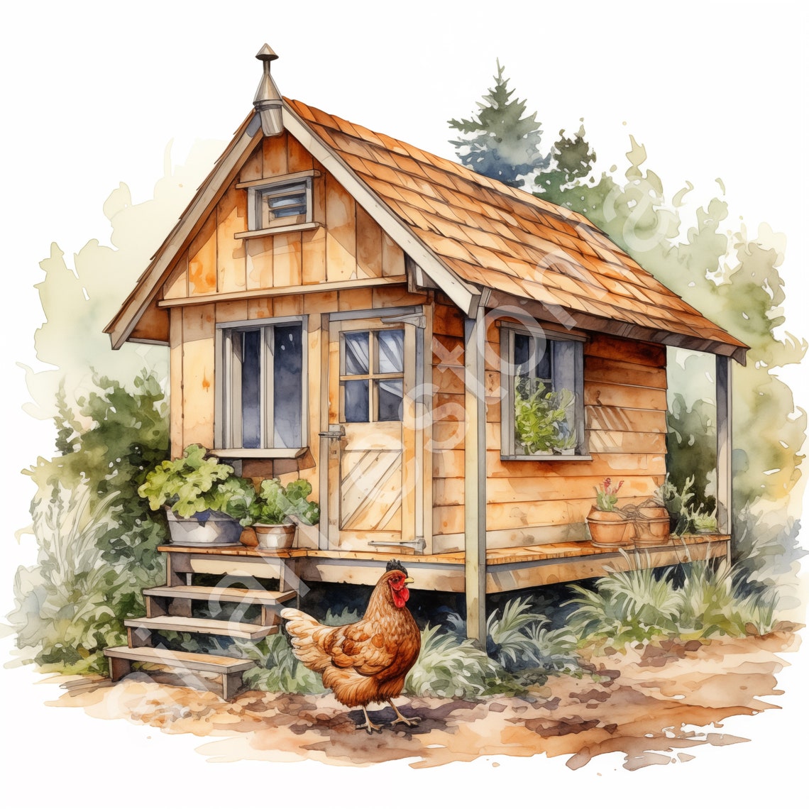 Watercolor Chicken Coop 10 High-quality Jpgs Clipart 300dpi , Digital ...