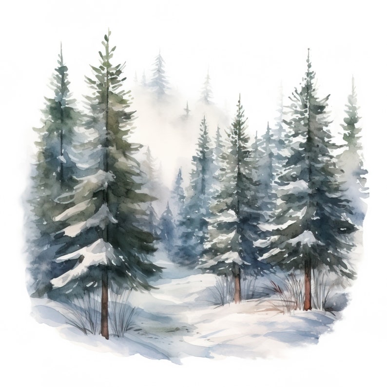 Watercolor Winter Snow Pine Trees 10 High-quality Jpgs Clipart ...